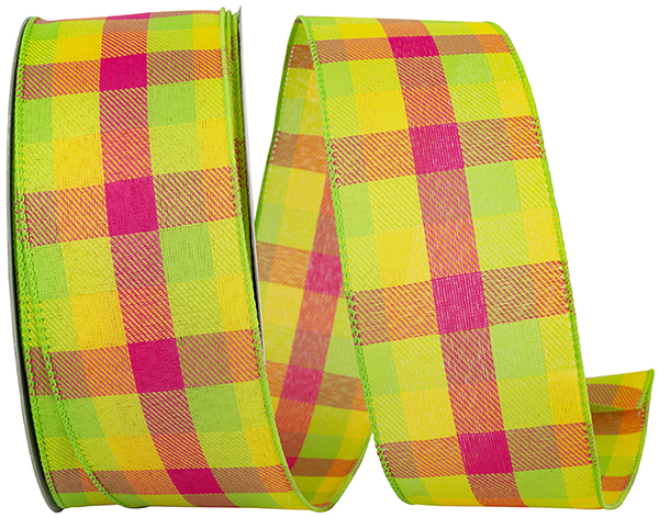 Ribbon - Celine Plaid Twill Wired Edge, Citrus/fuchsia, 2-1/2 Inch, 50 ...